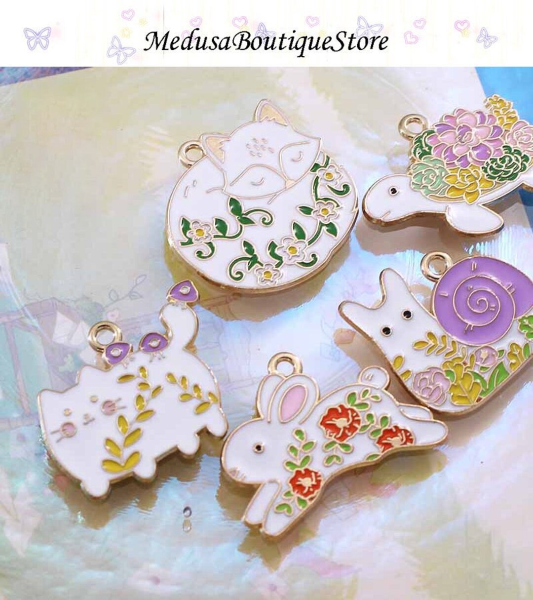 Enamel Animal Charms: Floral Cat, Turtle, Snail, Rabbit, Fox (5pcs) - Etsy