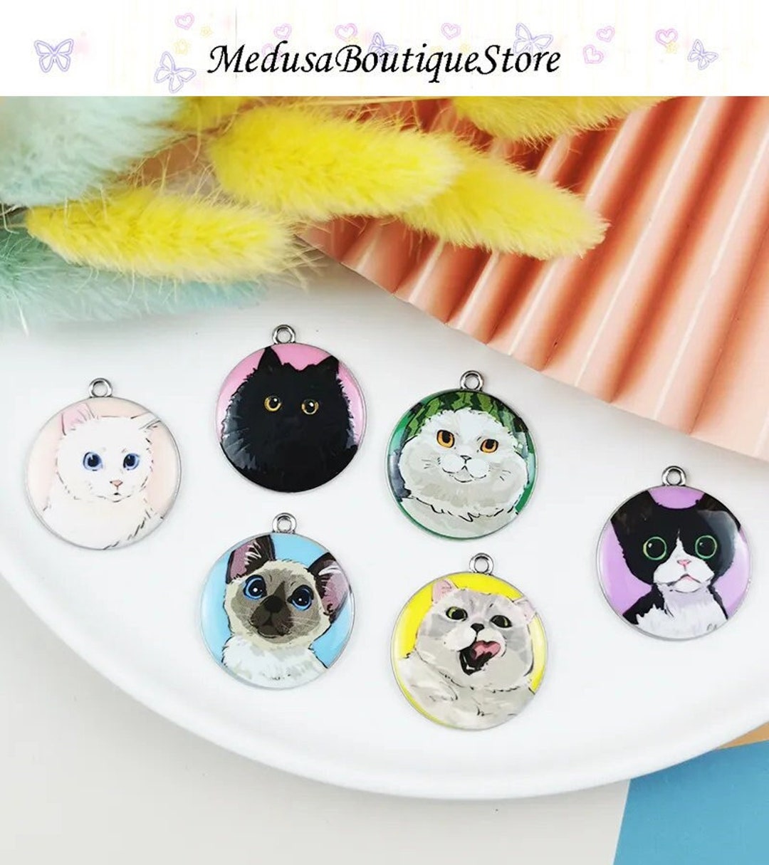Enamel Cat Pendant Charms: Alloy Jewelry Findings (5pcs, 25mm) - Etsy