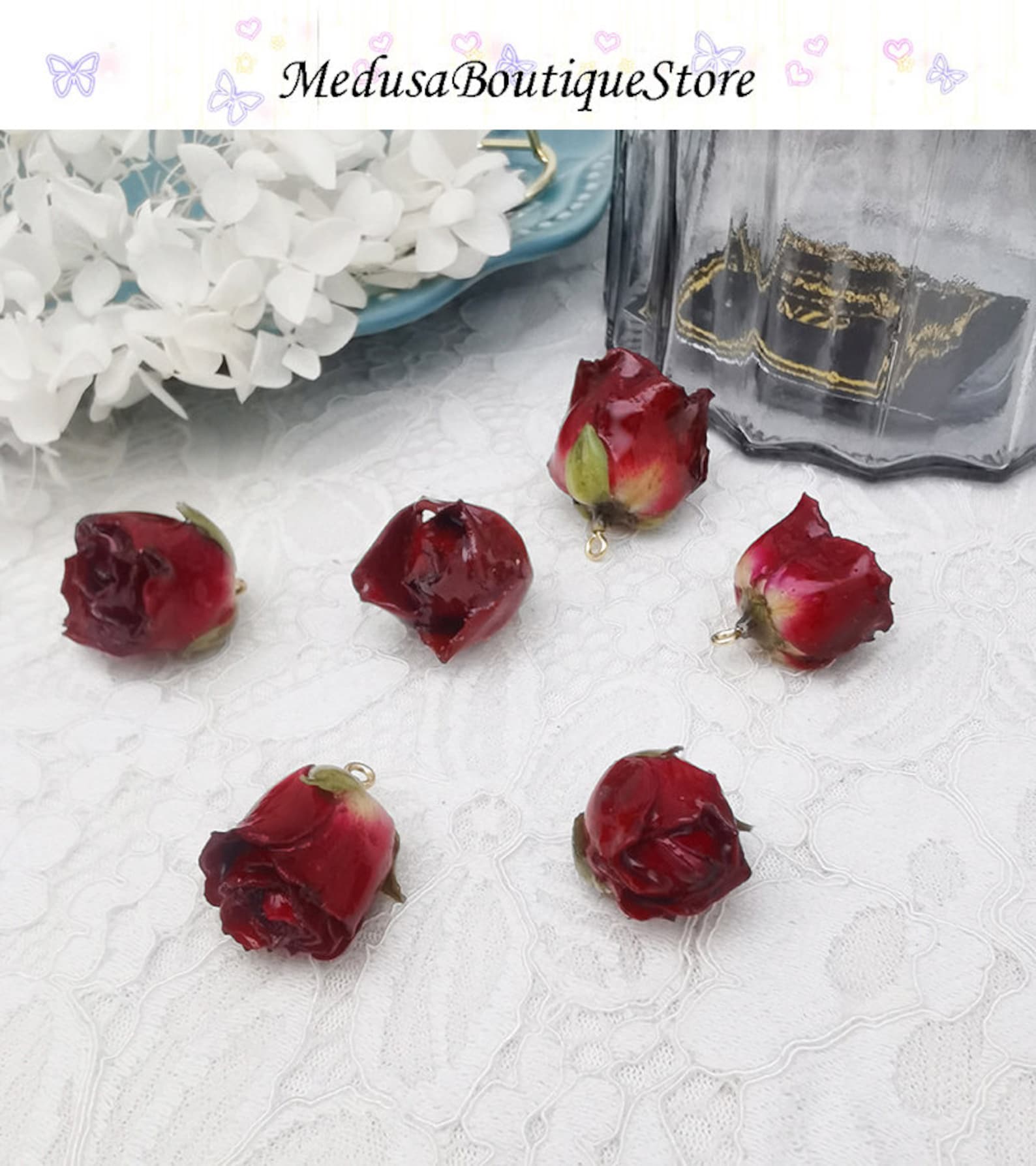 2pcs Real Rose Flower Charms, Resin Rosebud Flower Pendant, DIY ...