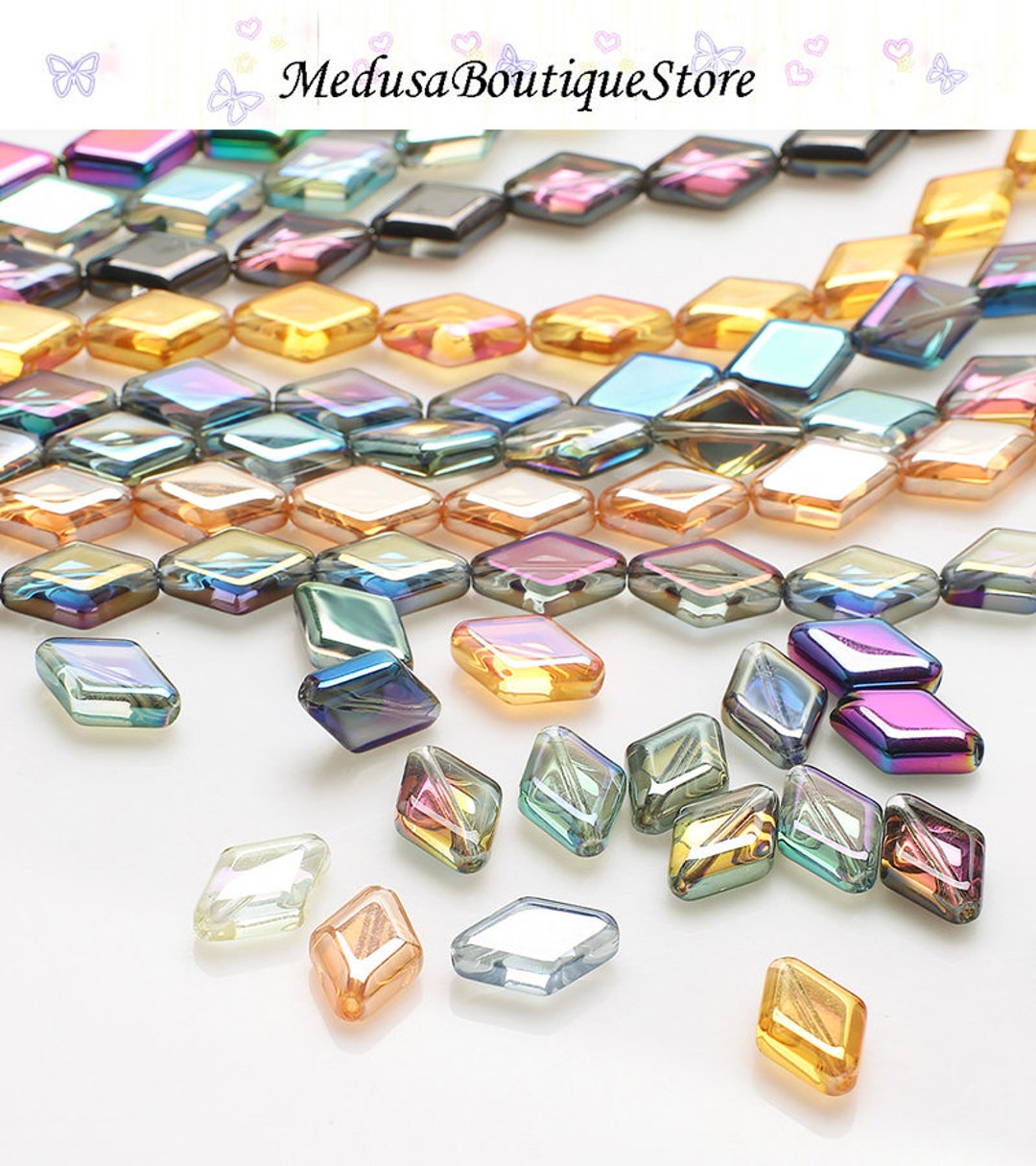 20pcs Iridescent Glass Rhombus Beads, DIY Bracelet Necklace Earring ...
