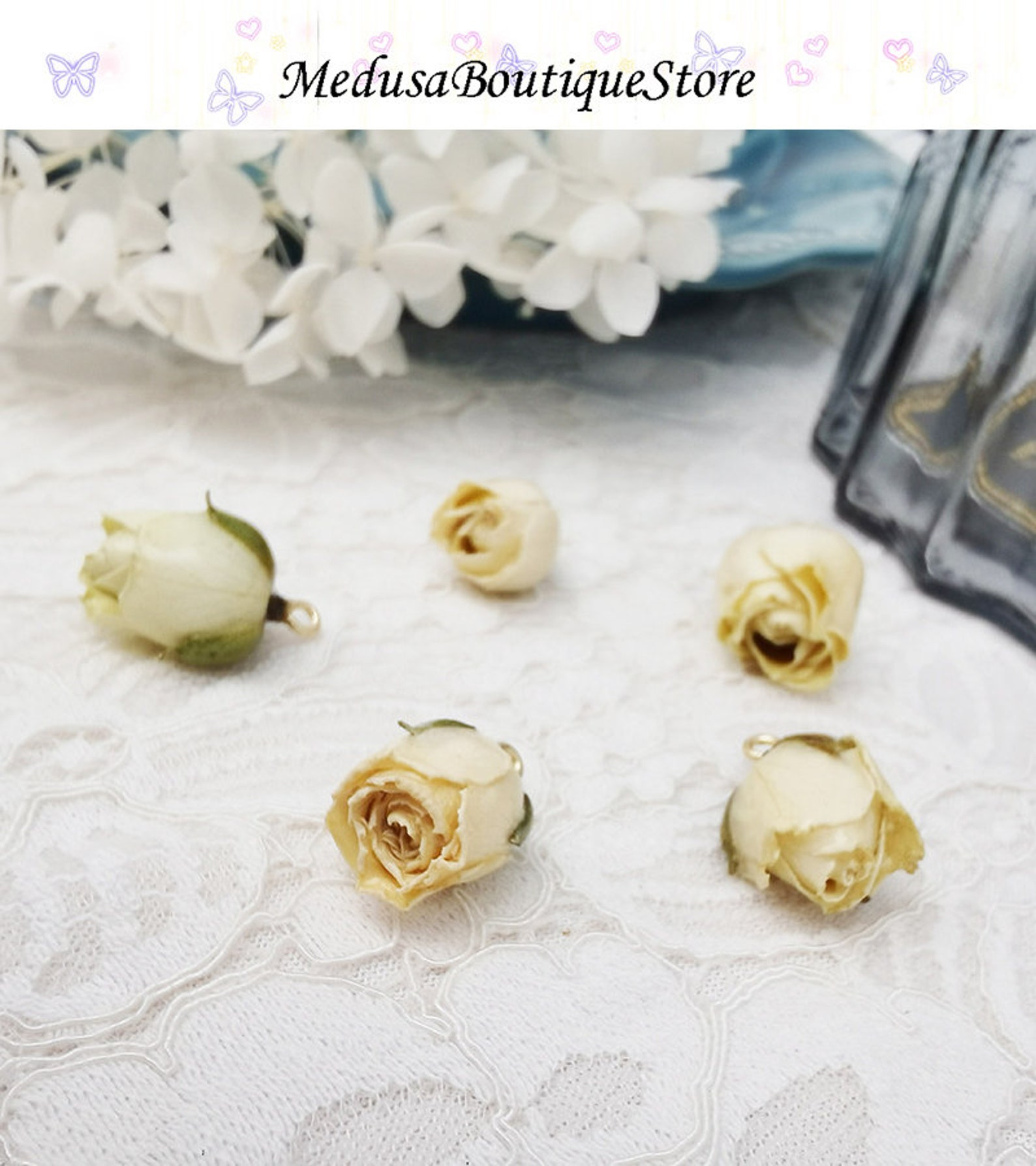 2pcs Real Rose Flower Charms, Resin Rosebud Flower Pendant, DIY ...