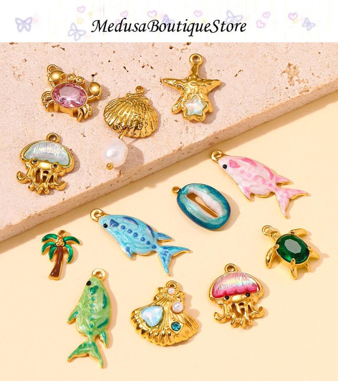 2pcs Marine Animal Charms, Turtle, Jellyfish, Palm, Shell, Fish ...