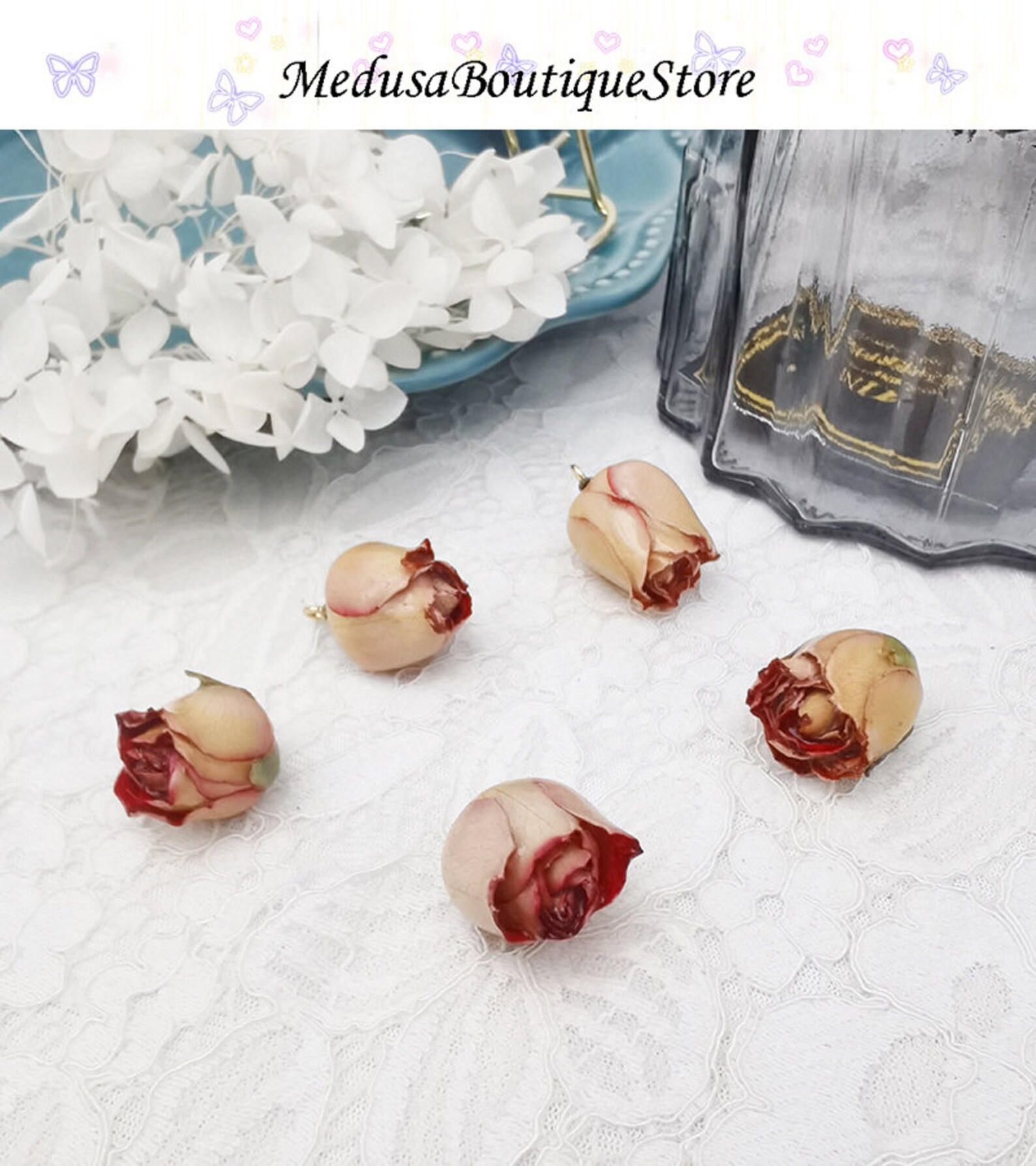 2pcs Real Rose Flower Charms, Resin Rosebud Flower Pendant, DIY ...