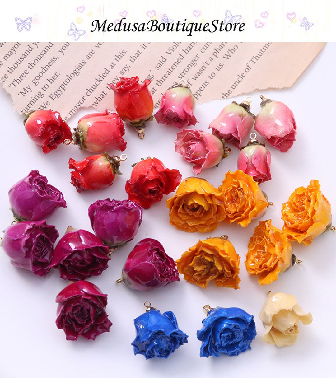 2pcs Real Rose Flower Charms, Resin Rose Flower Pendant, DIY Bracelet Necklace Earring Jewelry ...