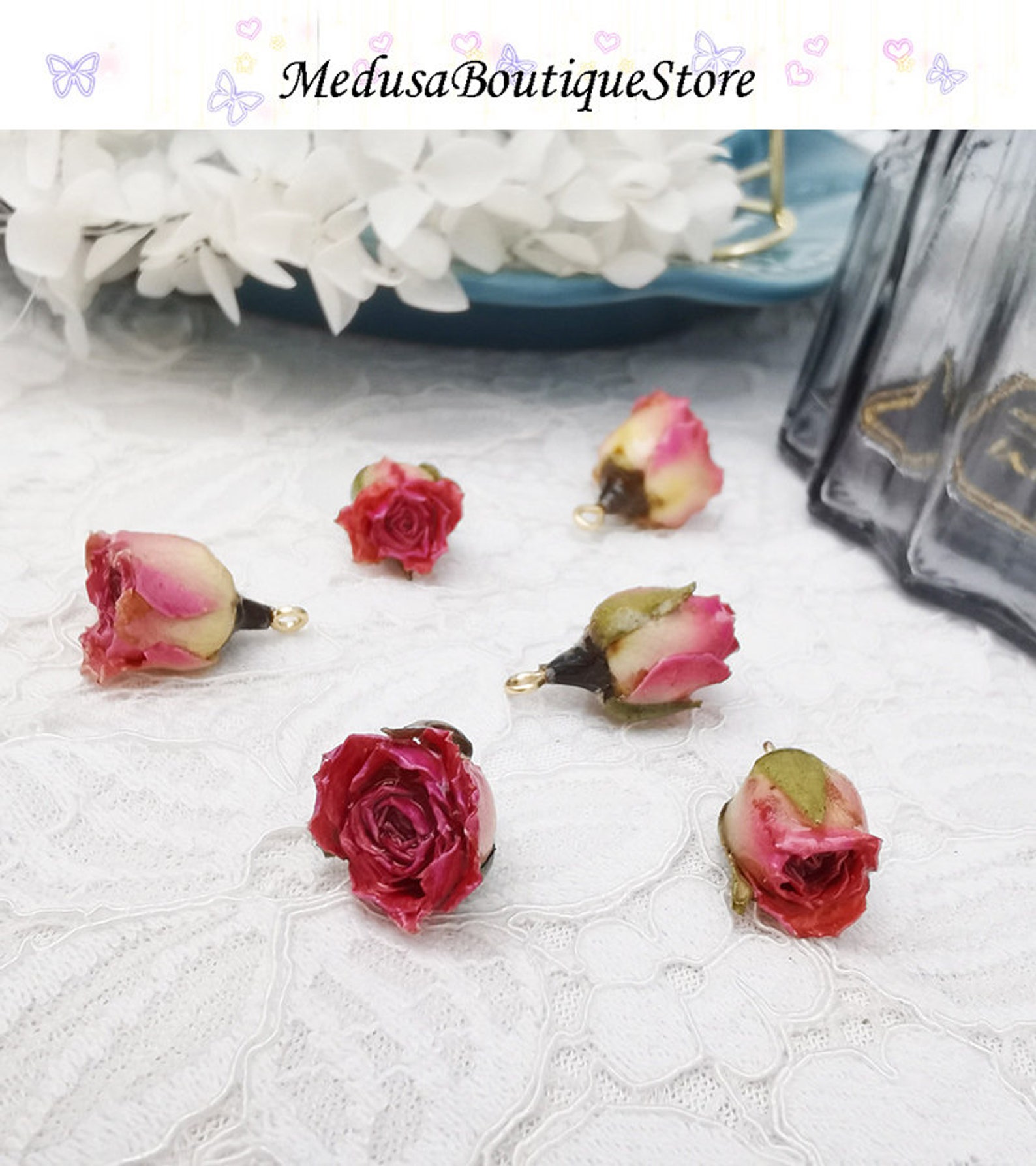 2pcs Real Rose Flower Charms, Resin Rosebud Flower Pendant, DIY ...