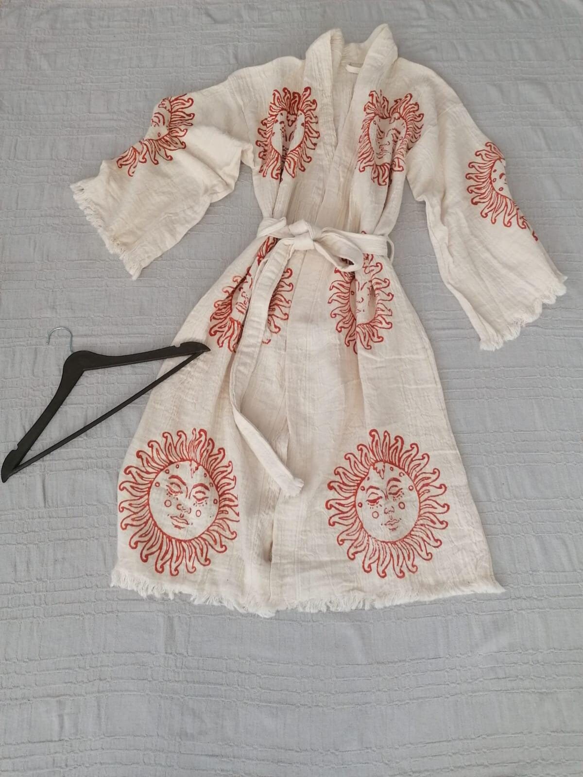 Crinkle Muslin Kimono Robe, 100% Cotton Handprinted, Bohemian ...