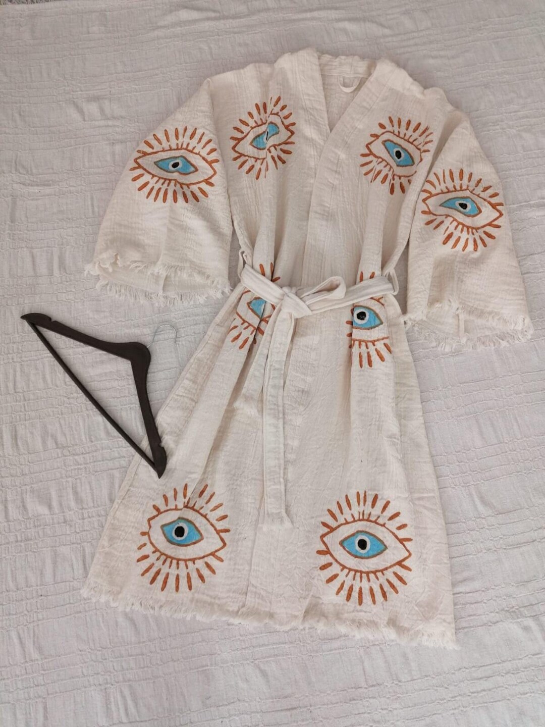 100% Cotton Turkish Kimono Robe, Evil Eye Handprinted Caftan, Natural ...