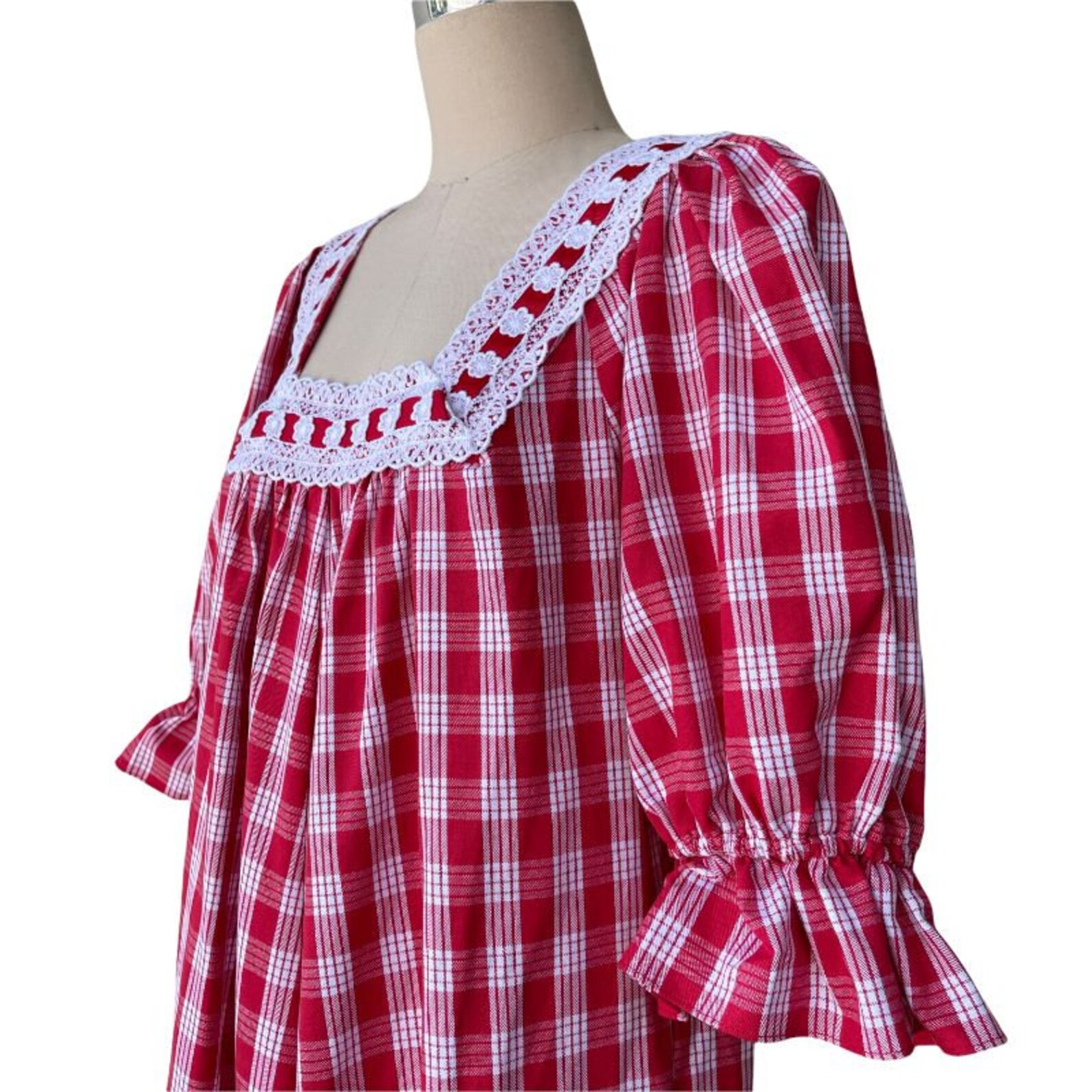 Red Palaka Muumuu Large Size With Lace Trim Square Neck Plus Size ...