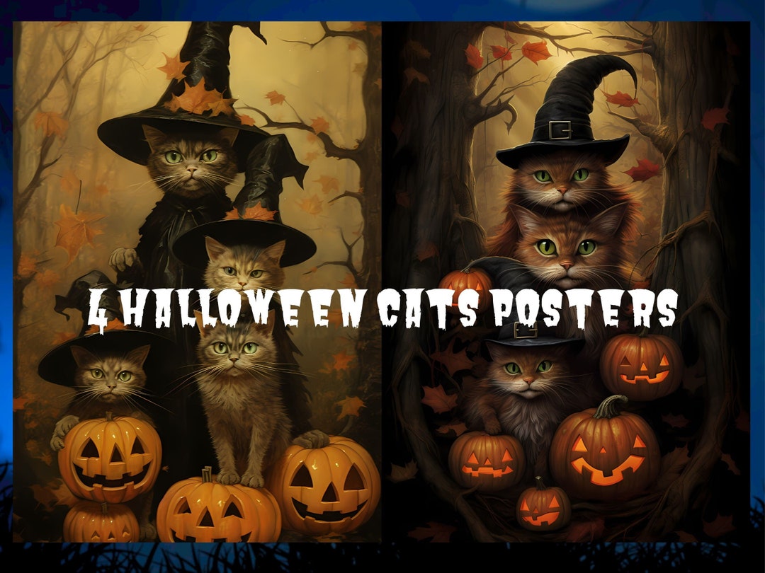 4 Black Cat Halloween Posters, Printable Spooky Cat Artwork, Halloween ...