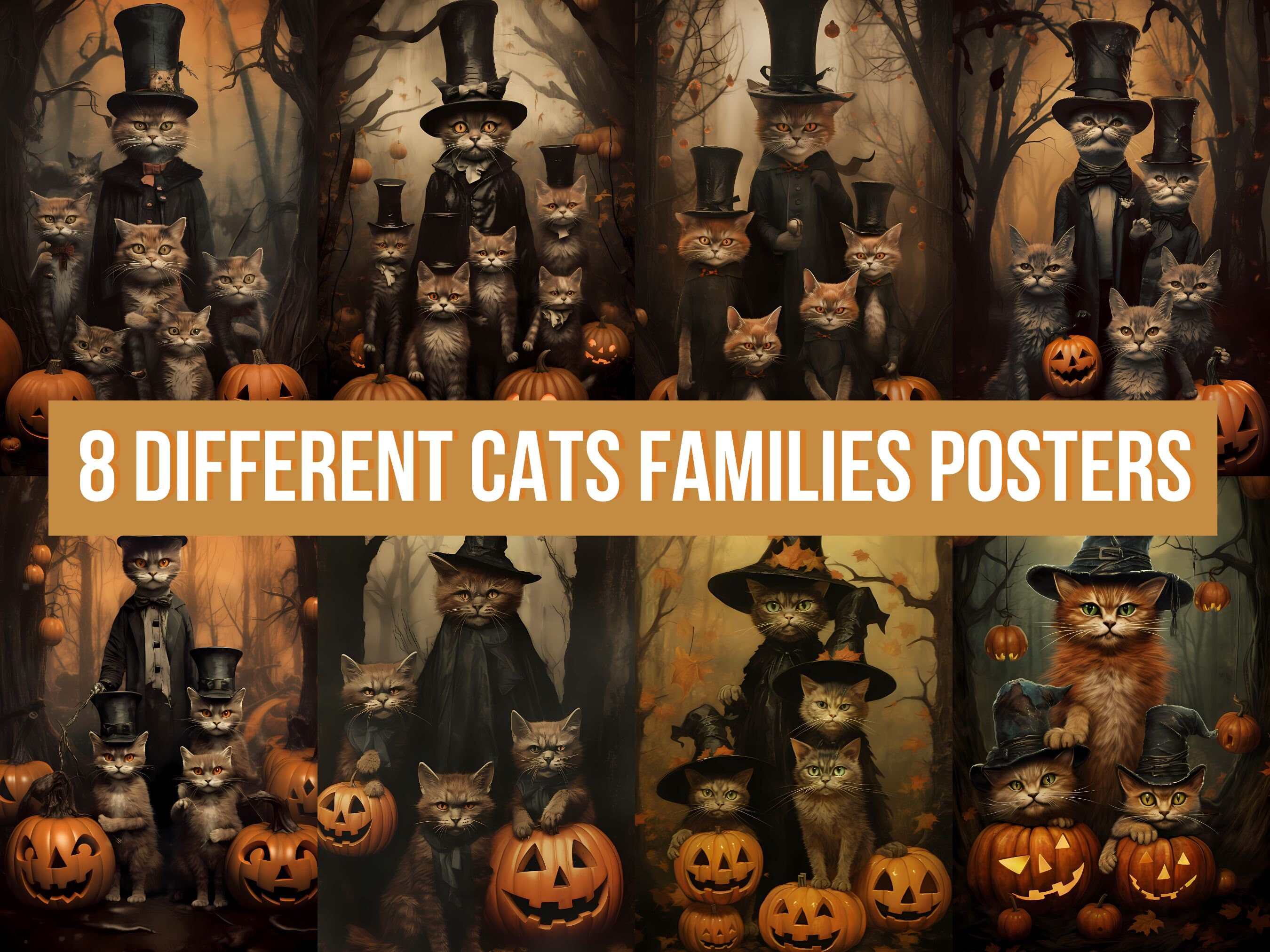 8 Witchy Halloween Black Cat Prints, Printable Spooky, Halloween Cat ...
