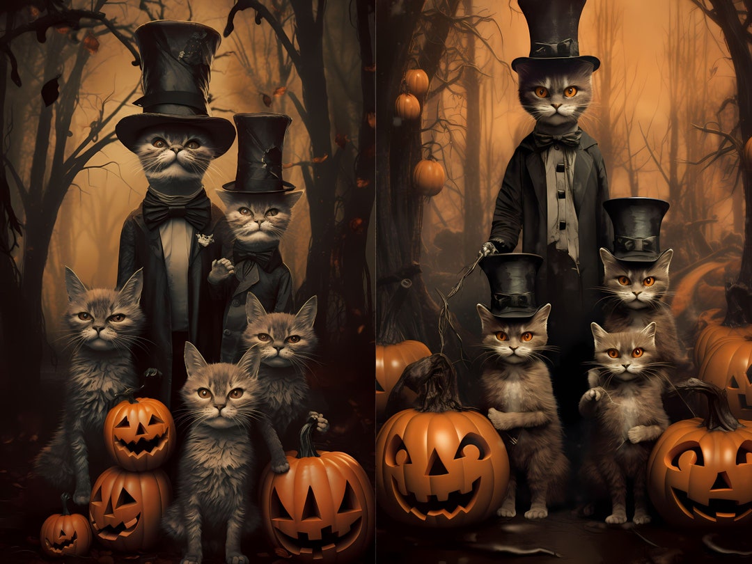 4 Black Cat Halloween Posters, Printable Spooky Cat Artwork, Halloween ...