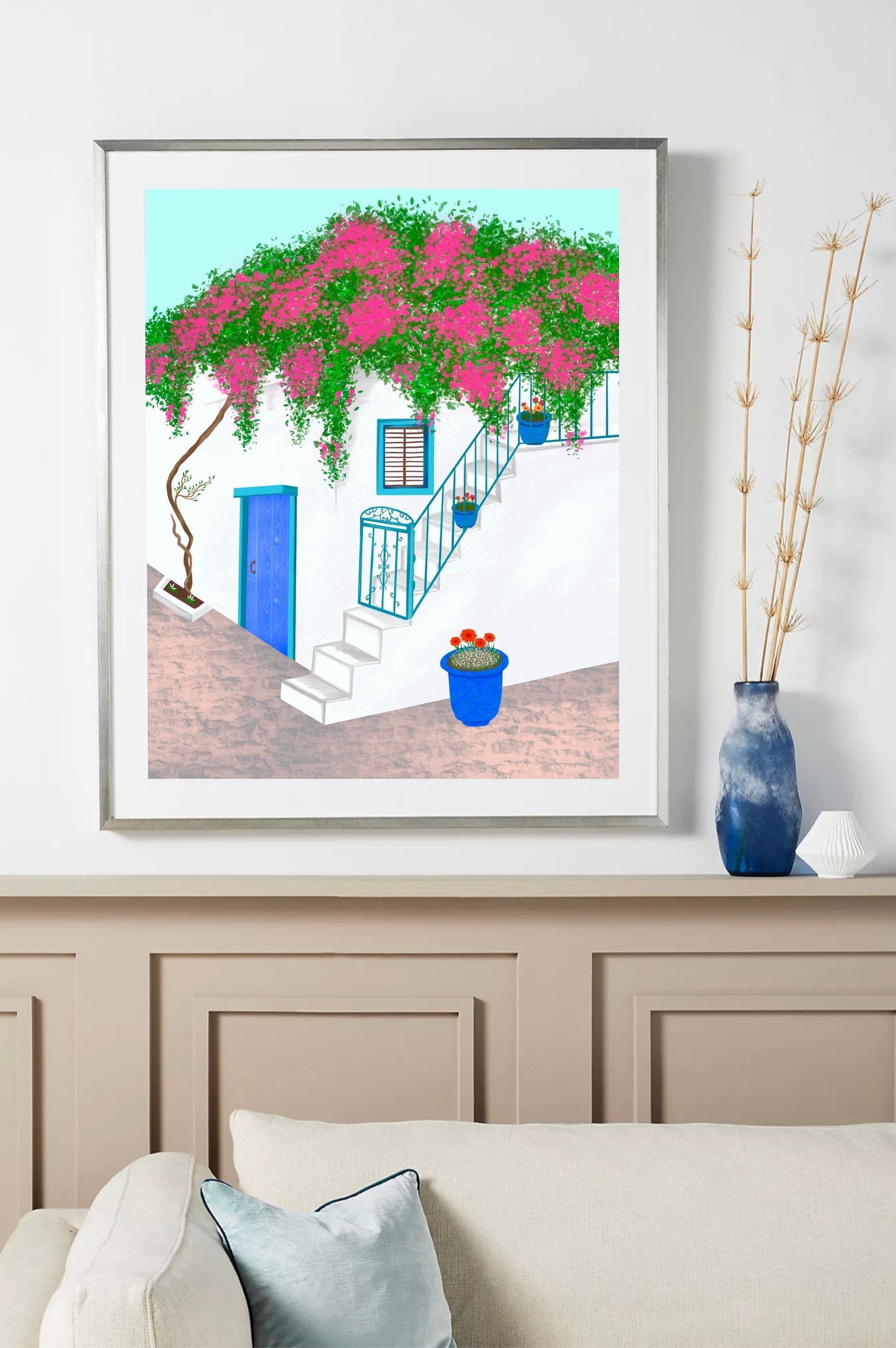 Traditional Greek House With Pink Flowers Original Printable - Etsy