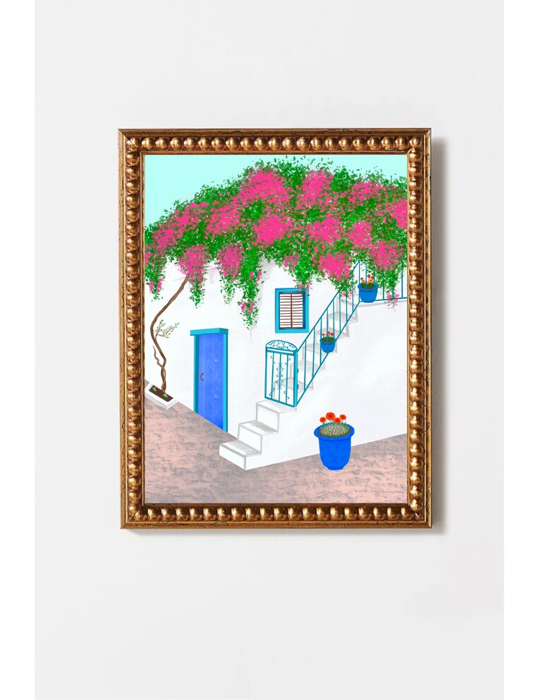 Traditional Greek House With Pink Flowers Original Printable - Etsy