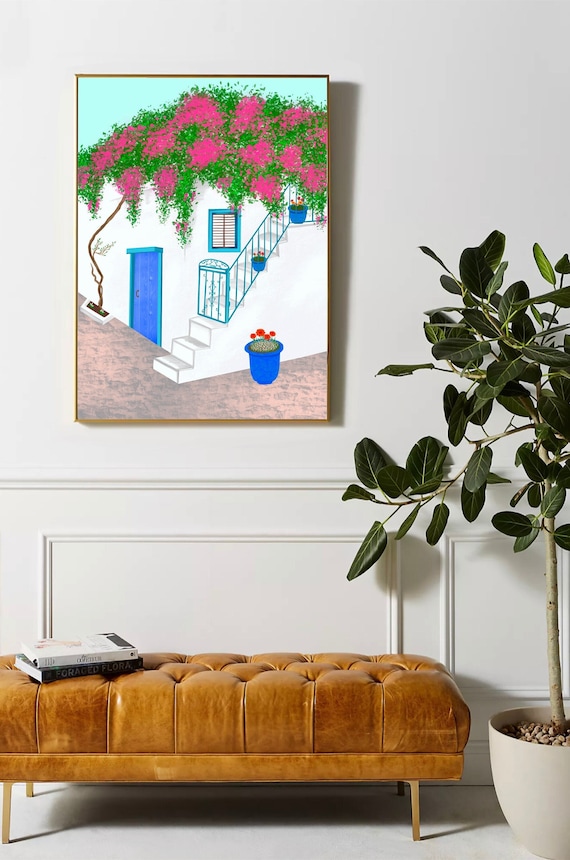 Traditional Greek House With Pink Flowers Original Printable - Etsy