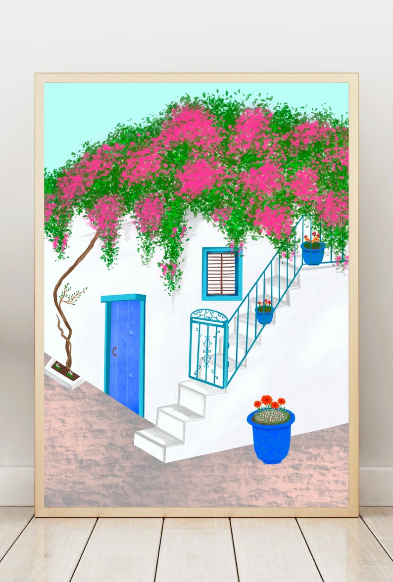 Traditional Greek House With Pink Flowers Original Printable - Etsy