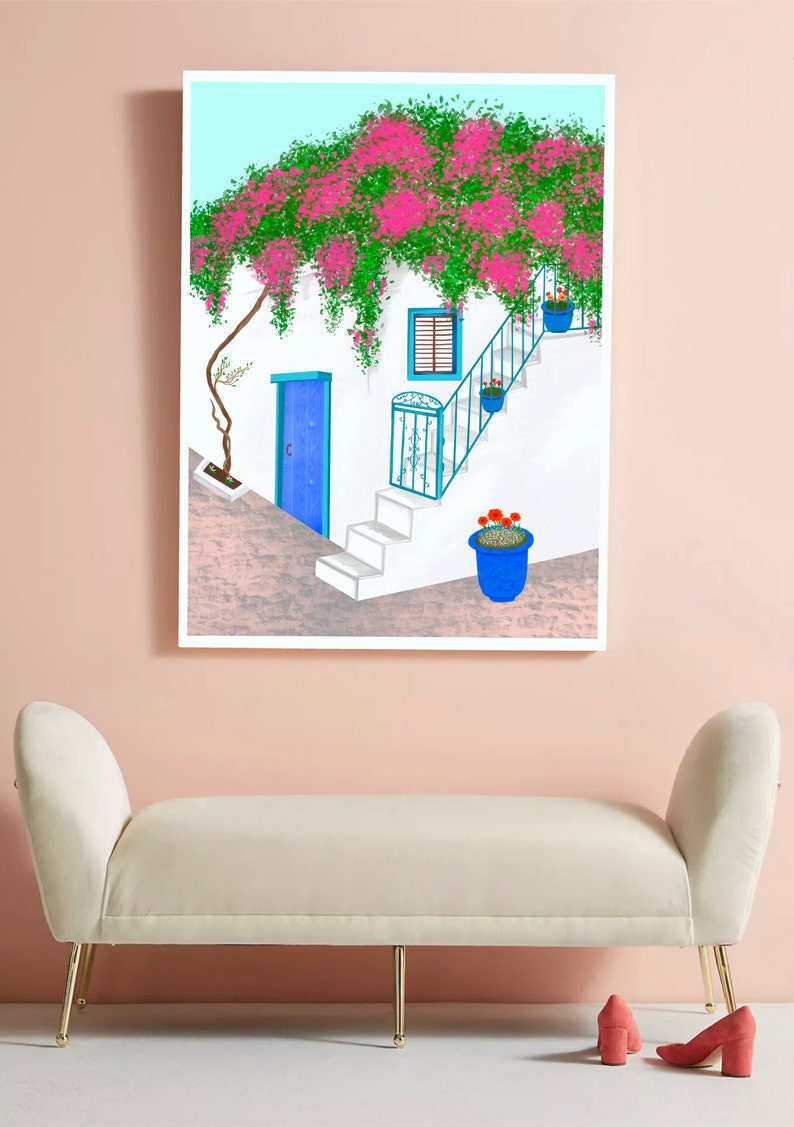 Traditional Greek House With Pink Flowers Original Printable - Etsy