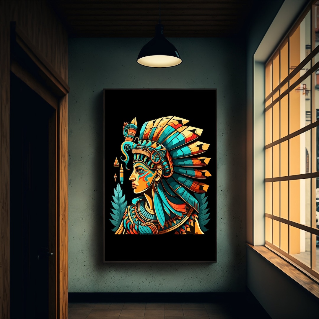 Psychedelic Chief Poster - Blue & Orange Tribal Leader, Satin Paper ...