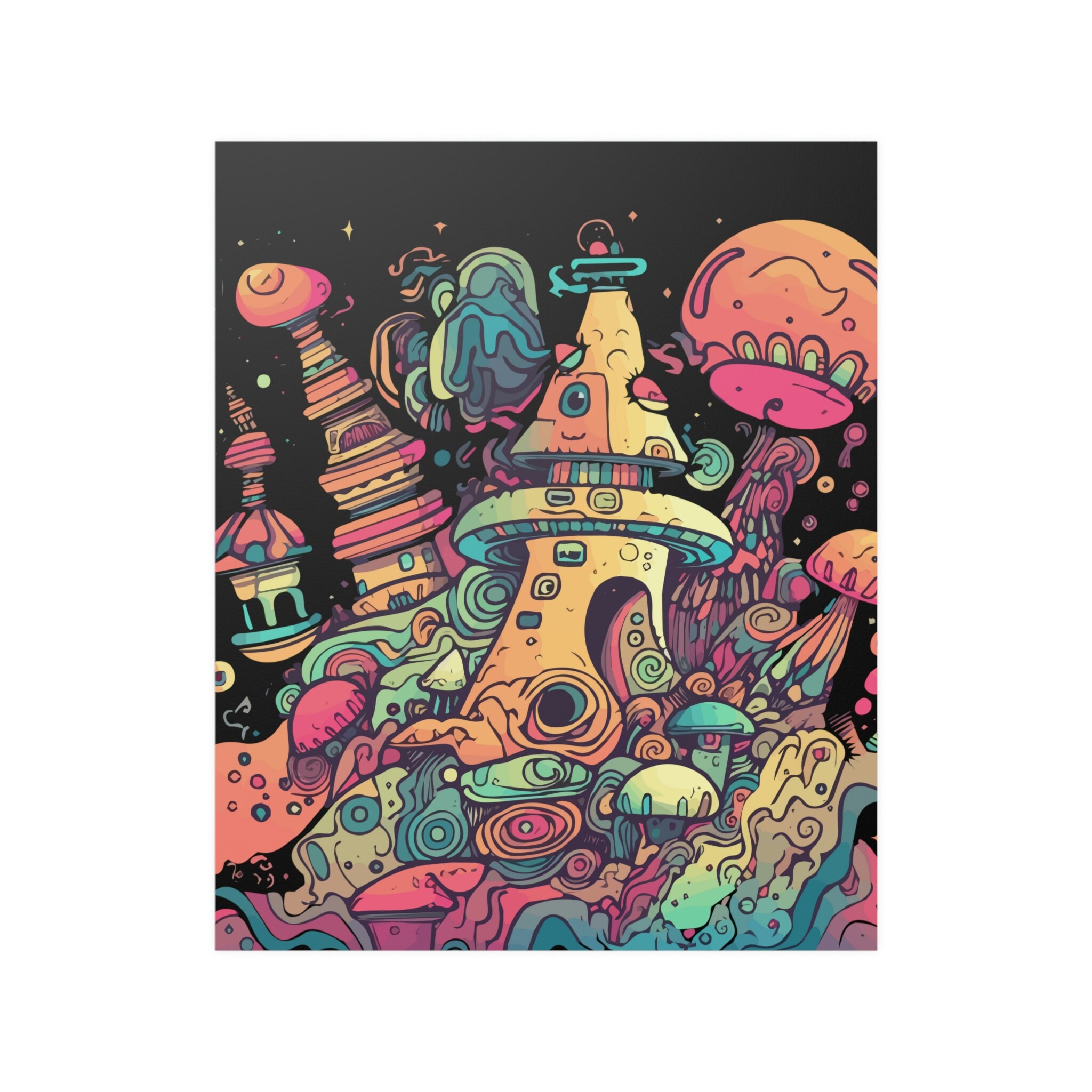 Psychedelic Fantasy City Satin Poster Enchanting Urban Art, Black ...