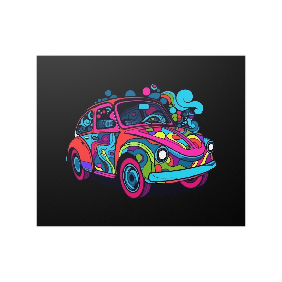 Psychedelic Volkswagen Beetle Satin Poster - Retro Car Art, Black ...
