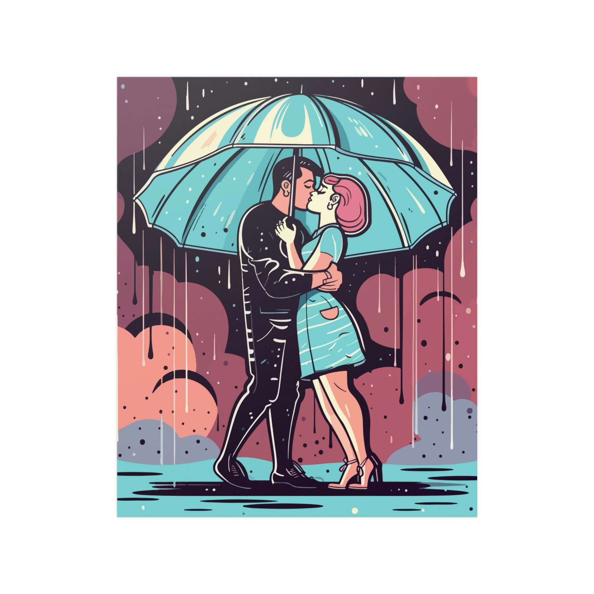Psychedelic Kissing in the Rain Poster - Pop Art Style, Romantic Couple ...