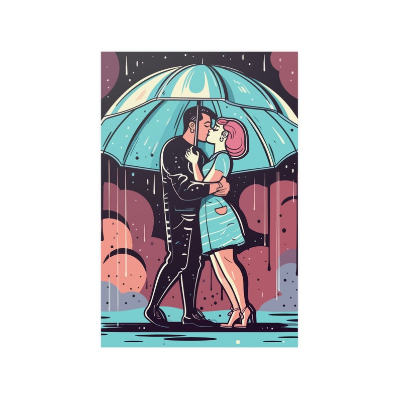 Psychedelic Kissing in the Rain Poster Pop Art Style, Romantic Couple ...