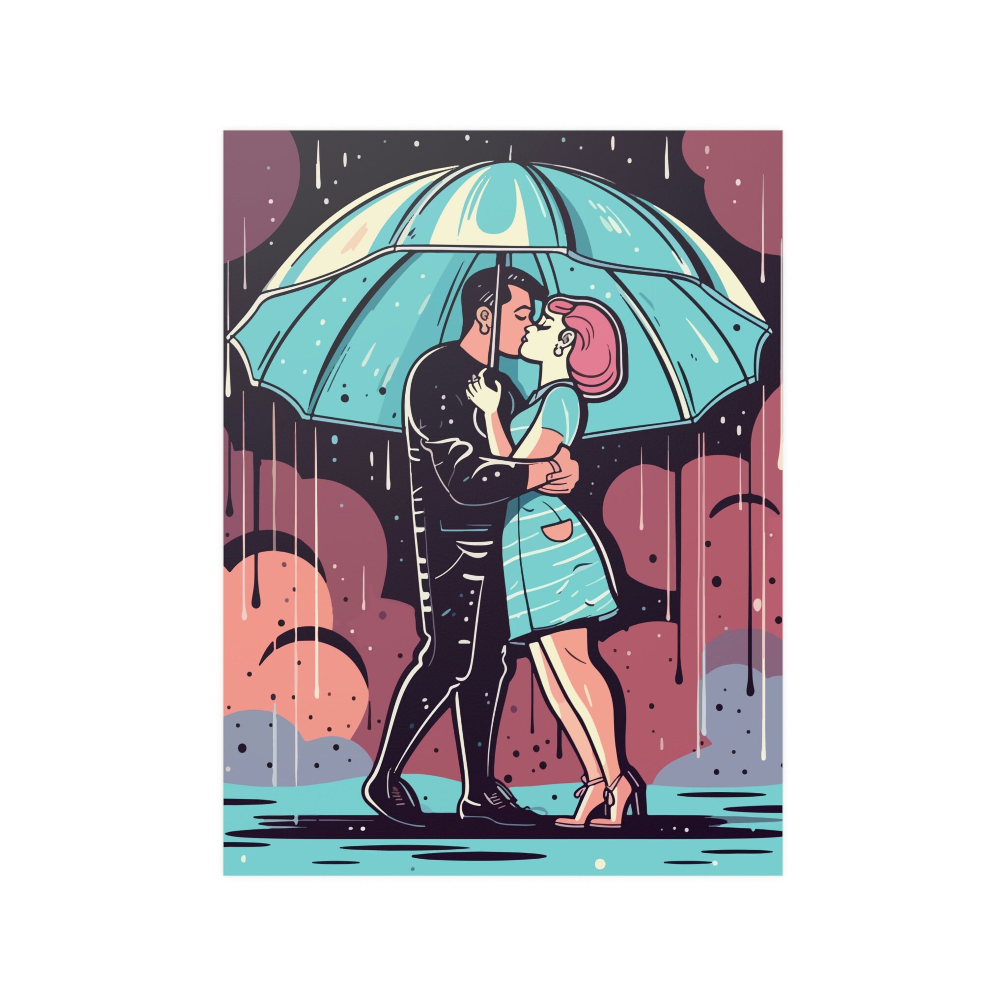 Psychedelic Kissing in the Rain Poster - Pop Art Style, Romantic Couple ...