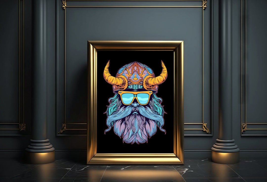 Psychedelic Viking Satin Poster - Horned Helmet & Sunglasses on Black ...