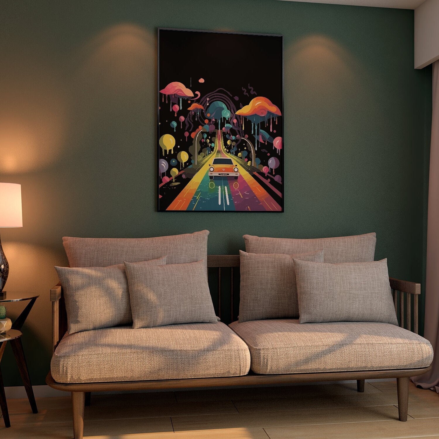 Rainbow Road Trip Poster Psychedelic Car Adventure, Colorful Rain ...