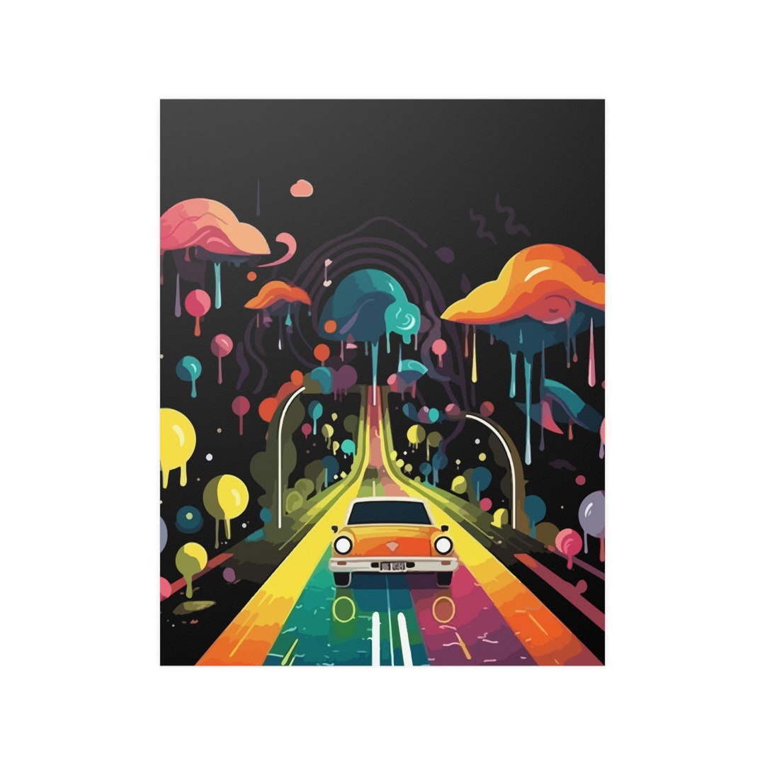 Rainbow Road Trip Poster Psychedelic Car Adventure Colorful - Etsy