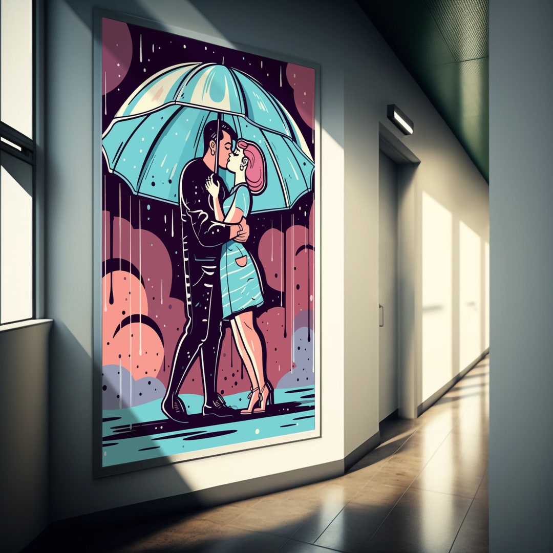 Psychedelic Kissing in the Rain Poster - Pop Art Style, Romantic Couple ...