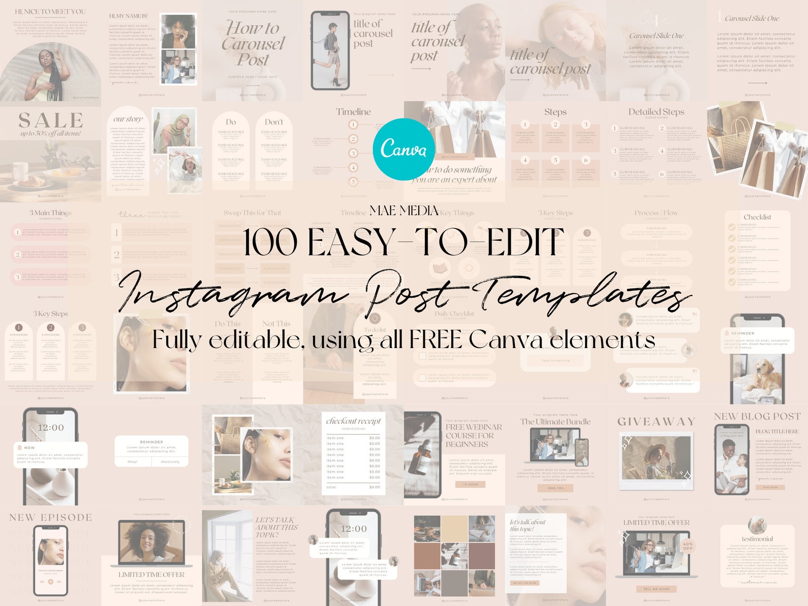 100 CANVA INSTAGRAM POST Templates Easy-to-edit No Canva Pro Required ...