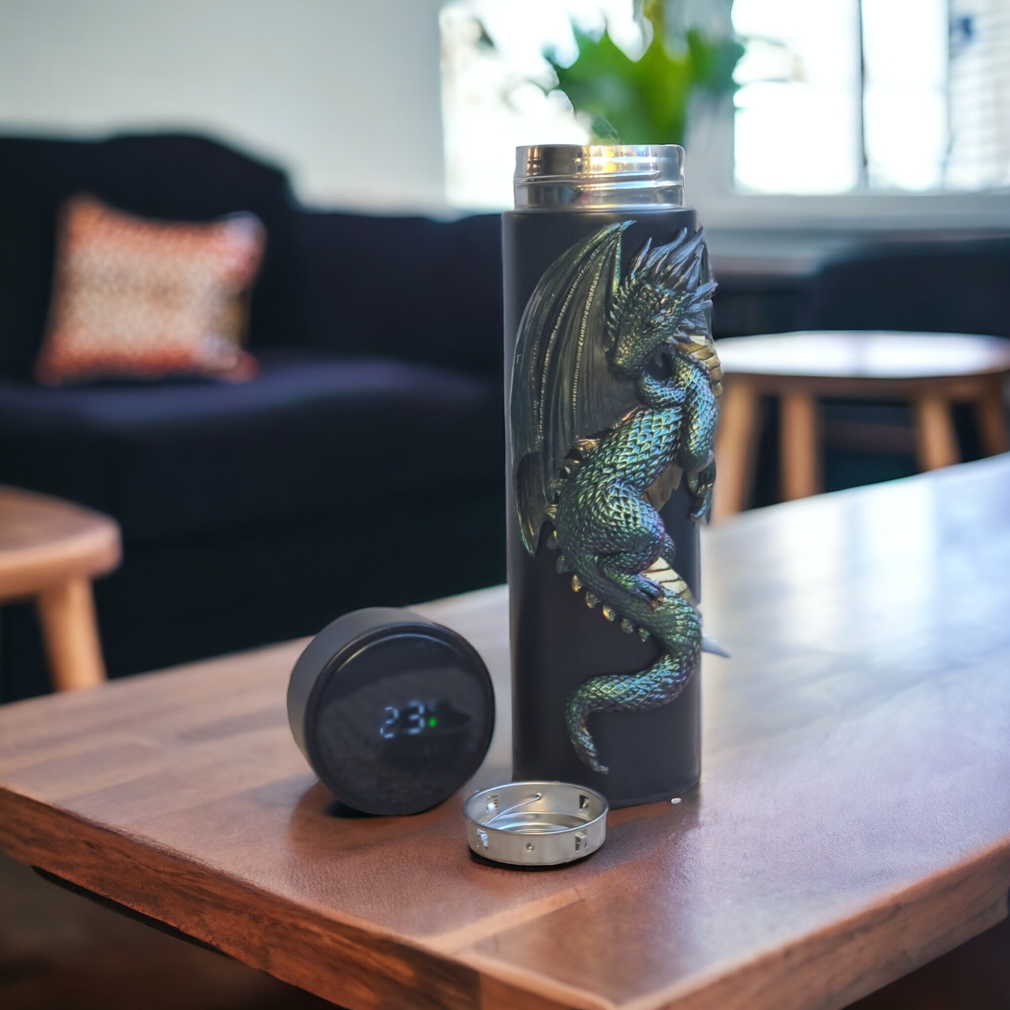 Smart Tumbler With a Green Dragon, Water Bottle, Led Digital ...