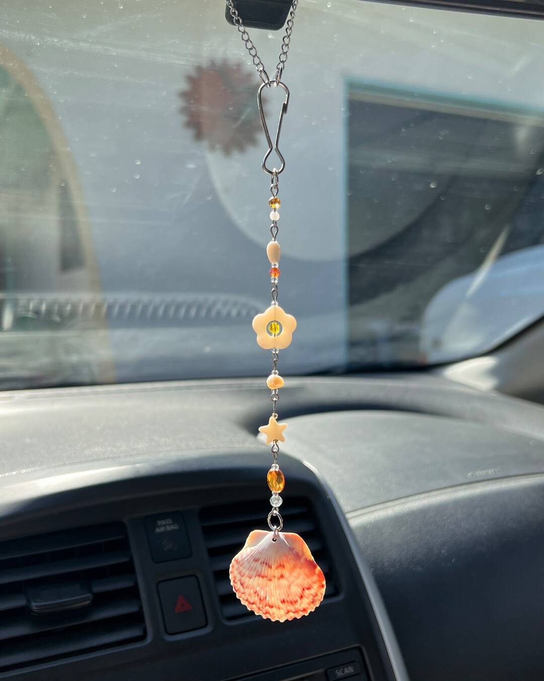 Calico Shell Car Charm – Beach Rearview Mirror Accessory – Coastal Sun ...