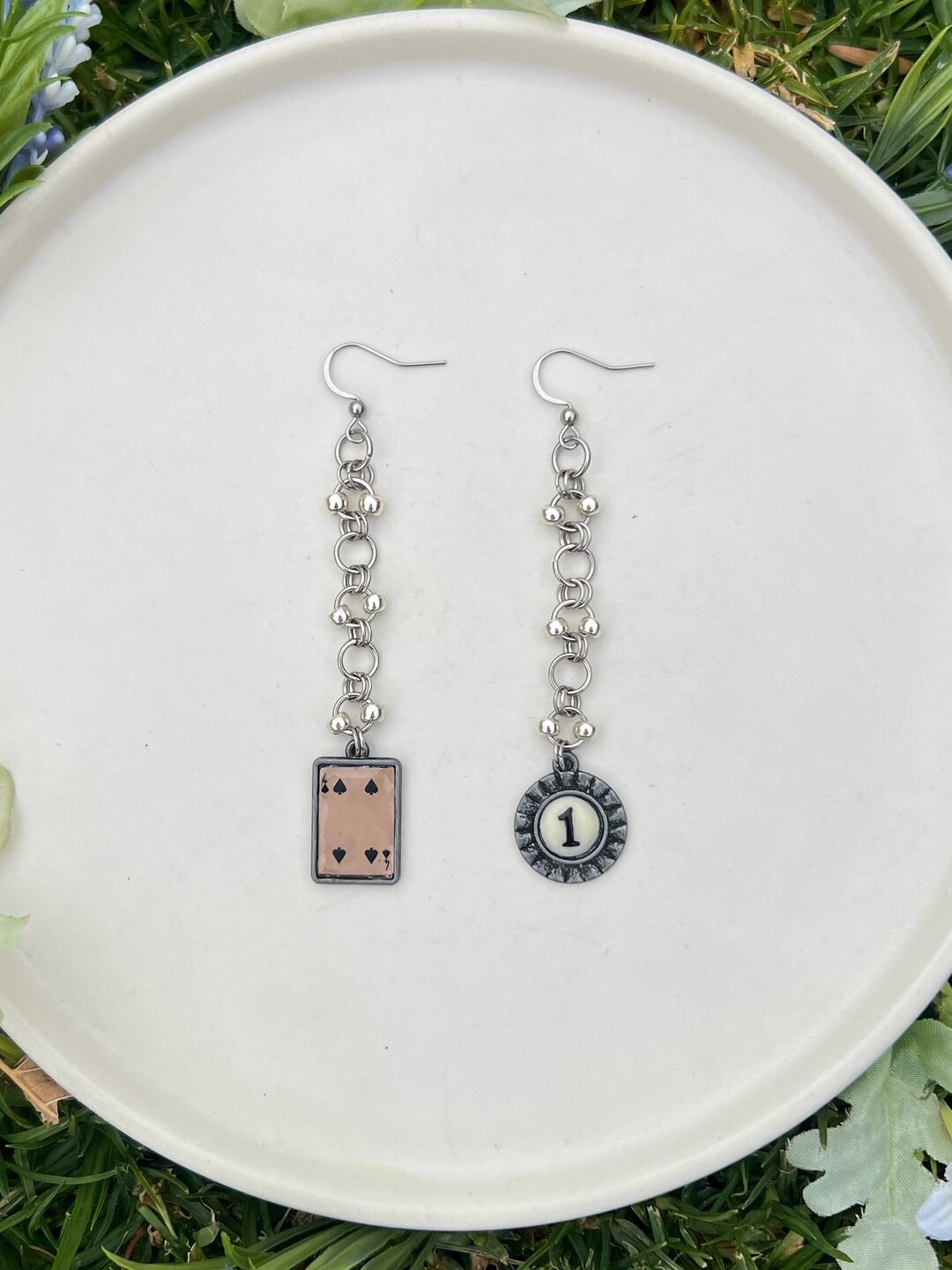 Lucky Number Drop Earrings / Card Pool Ball Earrings / Star Number ...