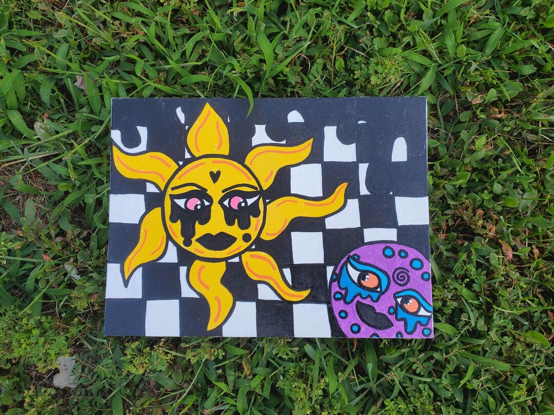 Checkerboard Sun and Moon Emo Goth 9x12 Panel Painting :-) - Etsy