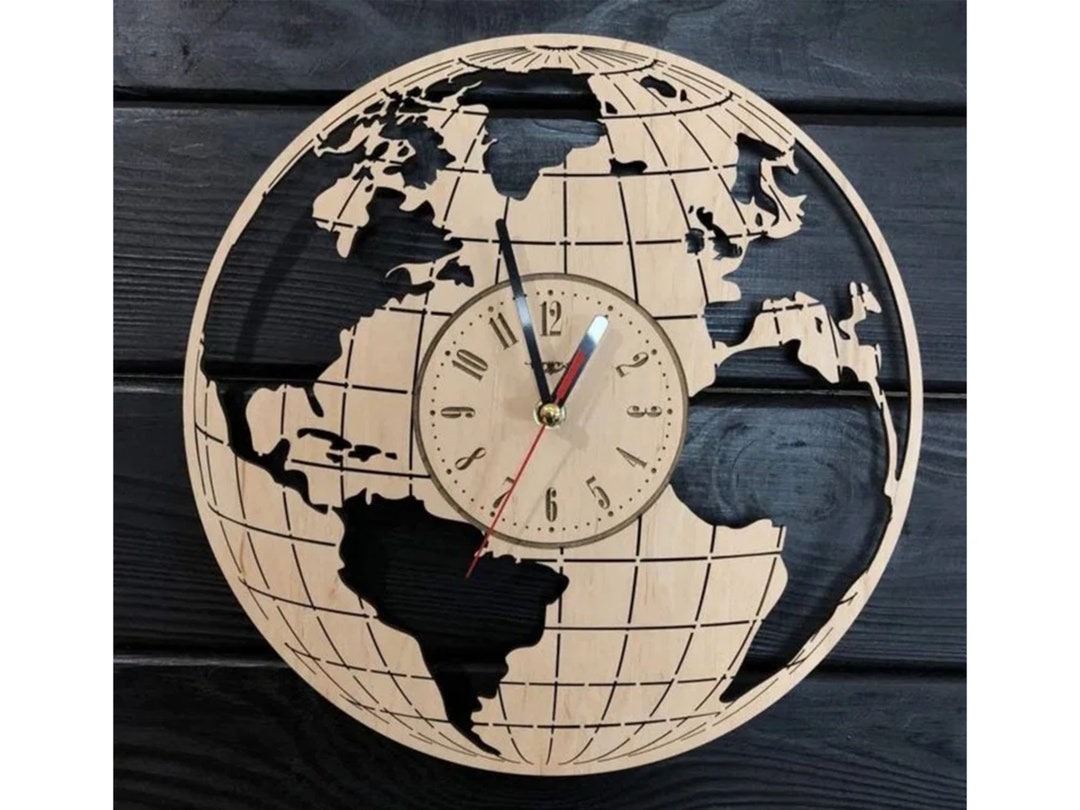 Laser Cut World Map Wall Clock Svg File Laser Cut File Wall Clock ...