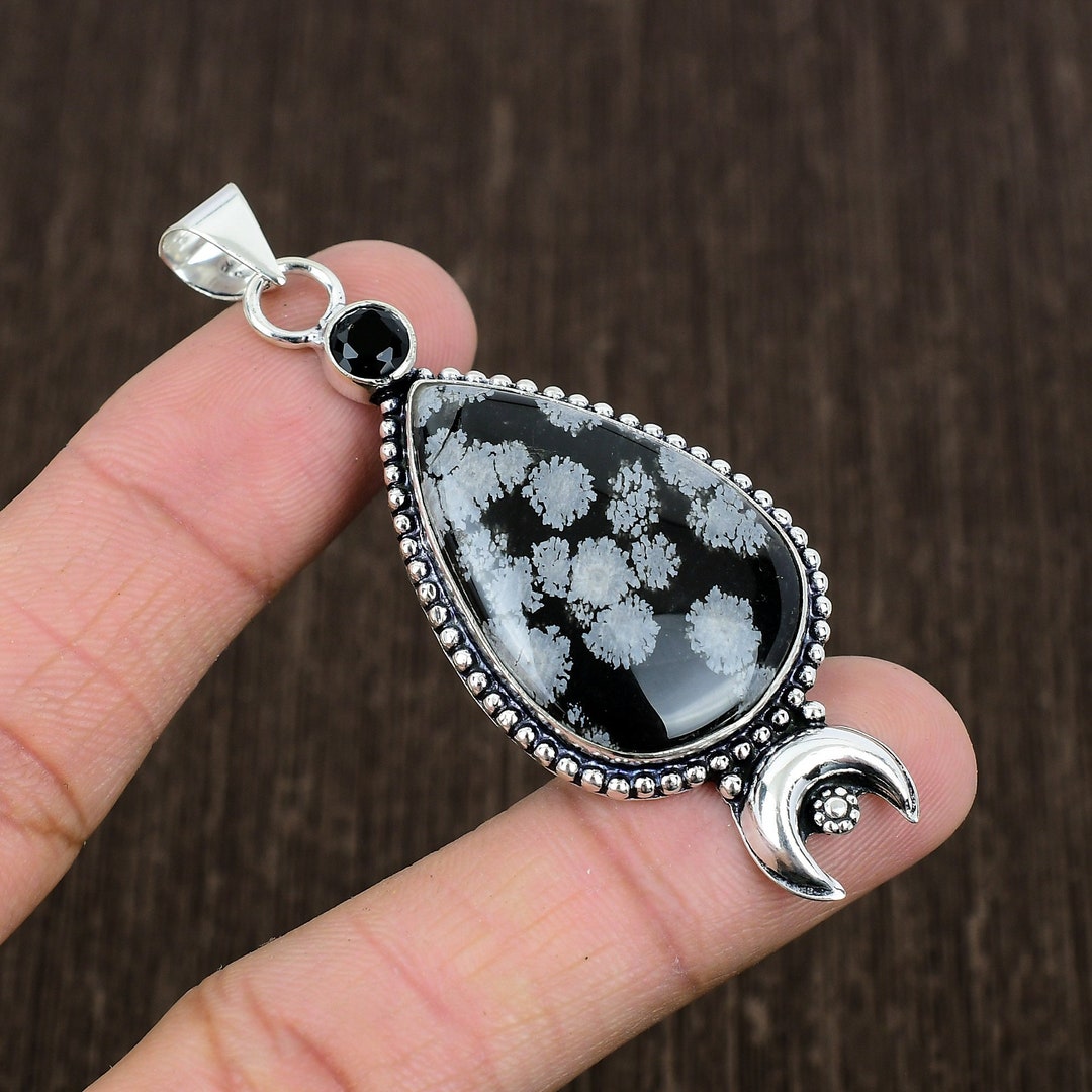 Snowflake Obsidian Pendant, 925 Starling Silver Moon Design Pendant ...