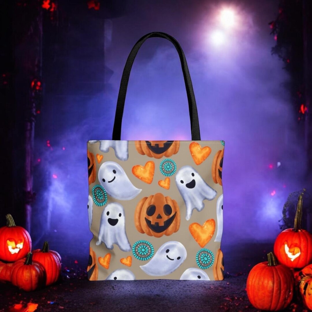 Halloween Tote Bag Pumpkins Ghost Hearts With Turquoise Pendant Trick Or Treat Bag Etsy