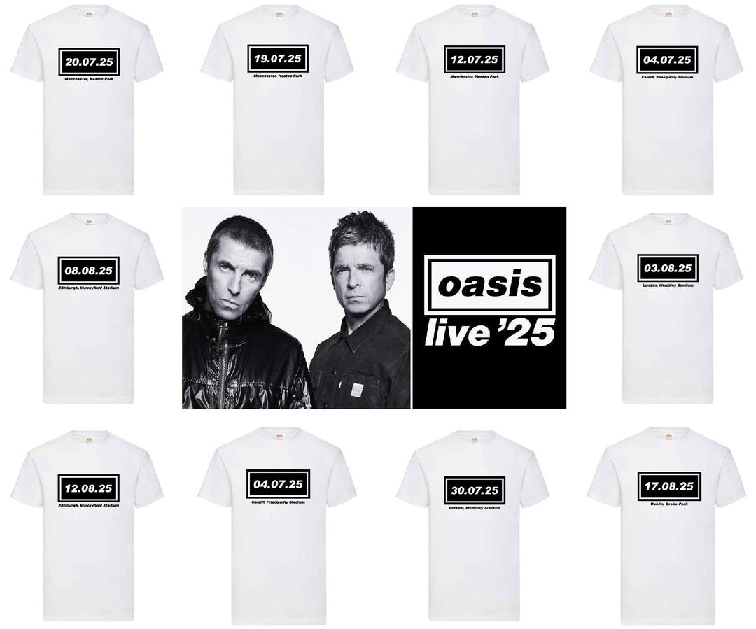 Oasis 2025 Tour T Shirt, Dated and Venue Name, Noel Liam Gallagher T ...