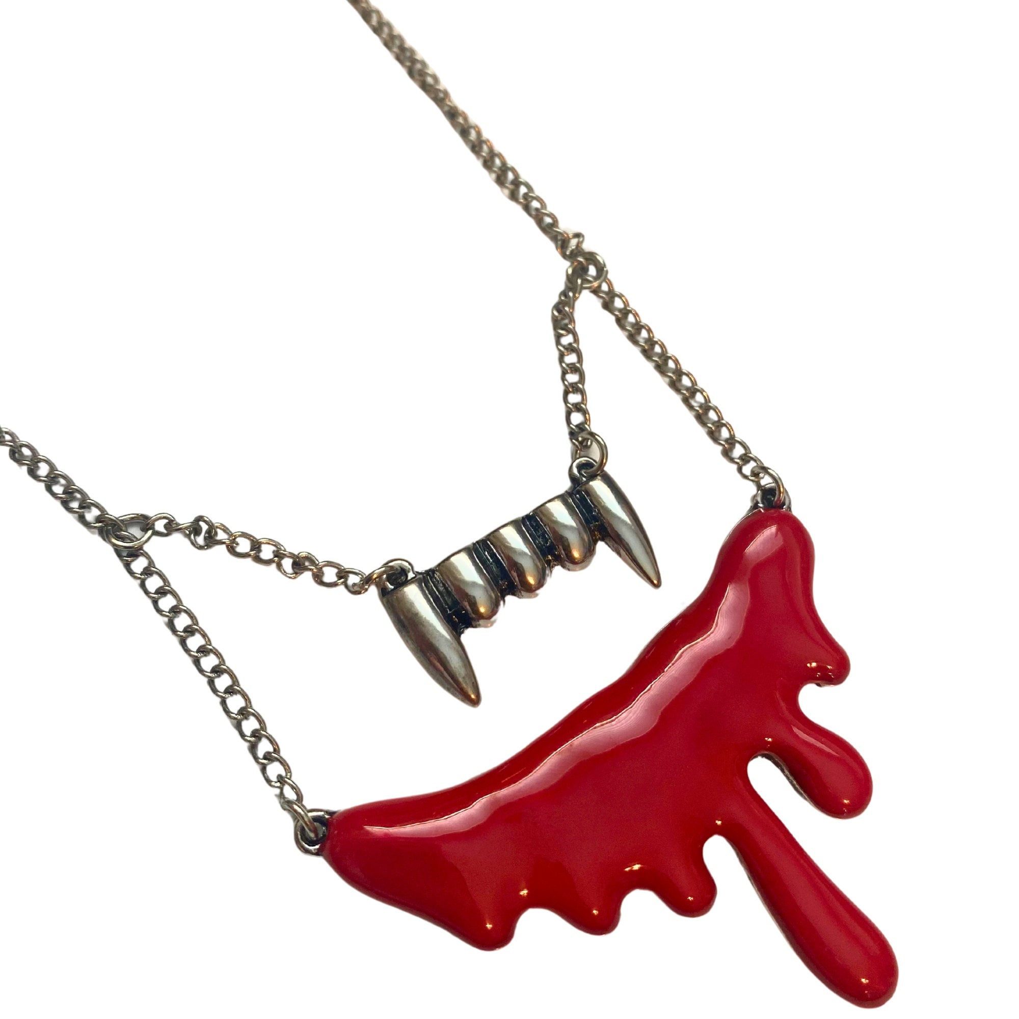 NEW Gothic Vampire Silver Fangs and Red Blood Drip Statement Necklace ...