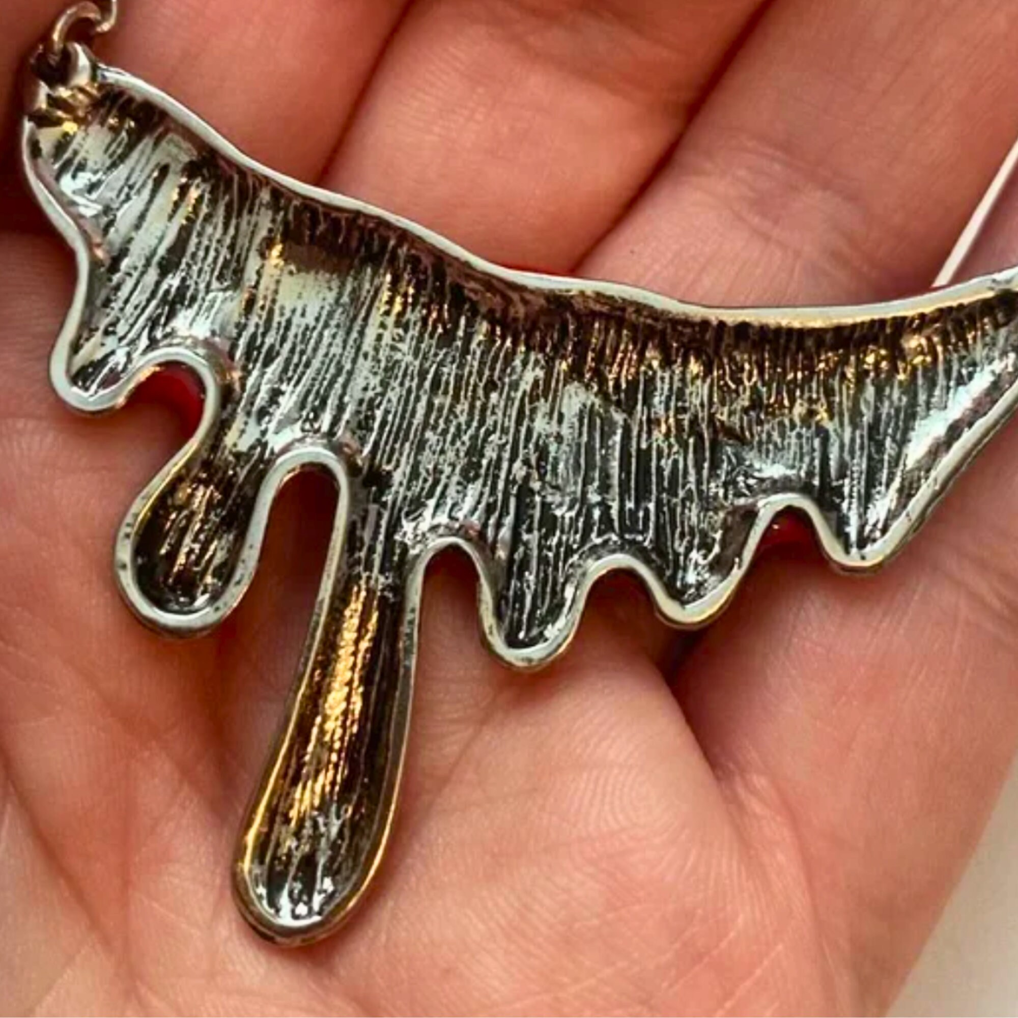 NEW Gothic Vampire Silver Fangs and Red Blood Drip Statement Necklace ...