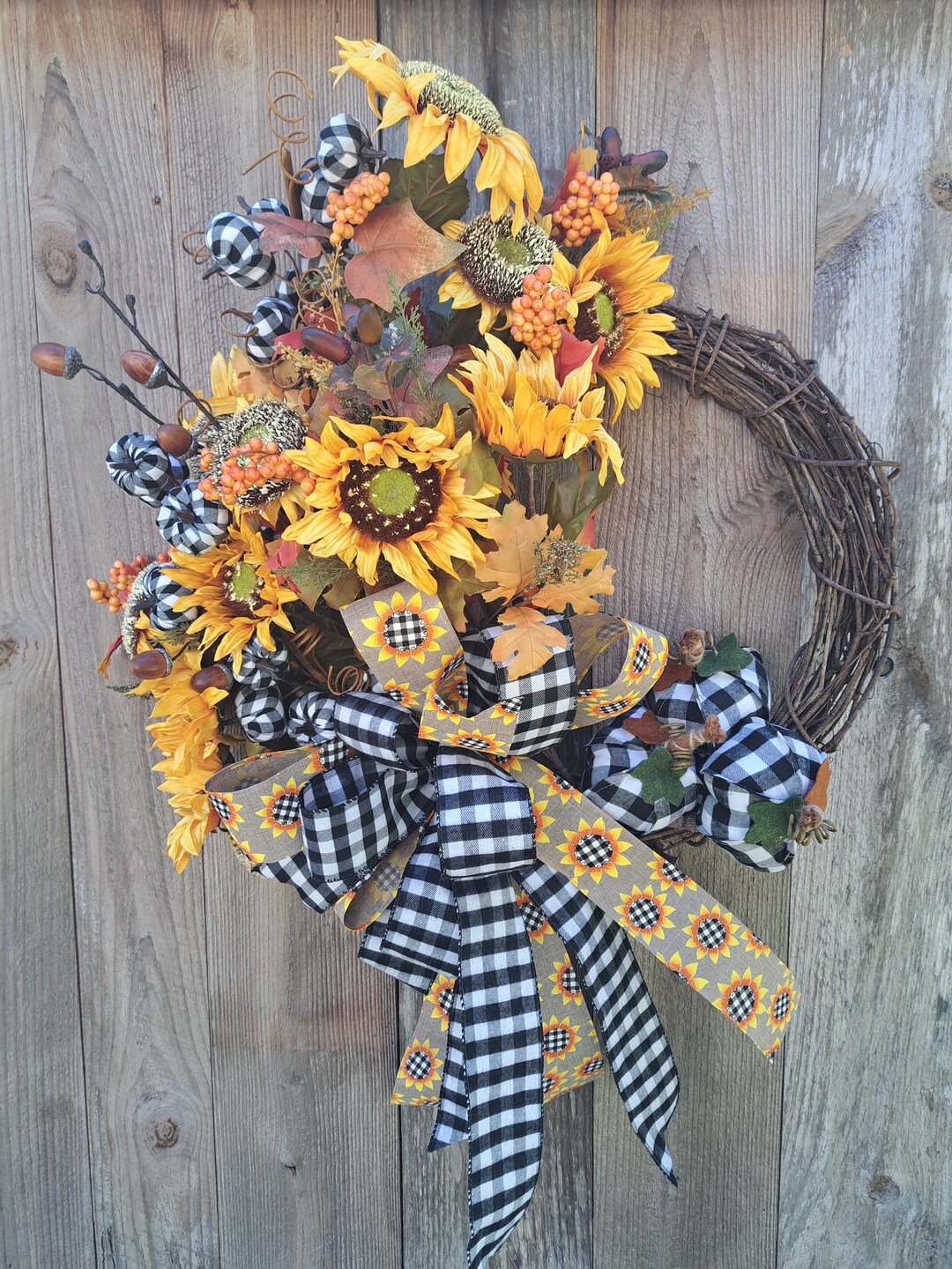 Sunflowers,buffalo Check, Fall Front Door Wreath - Etsy
