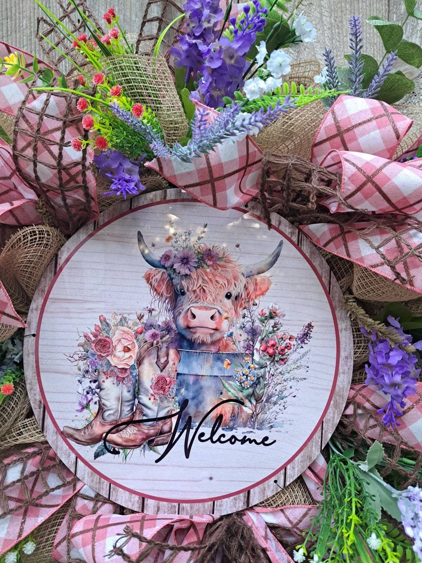 Highland Cow Wreath, Summer Wreath, Spring Wreath, Country Cottage ...