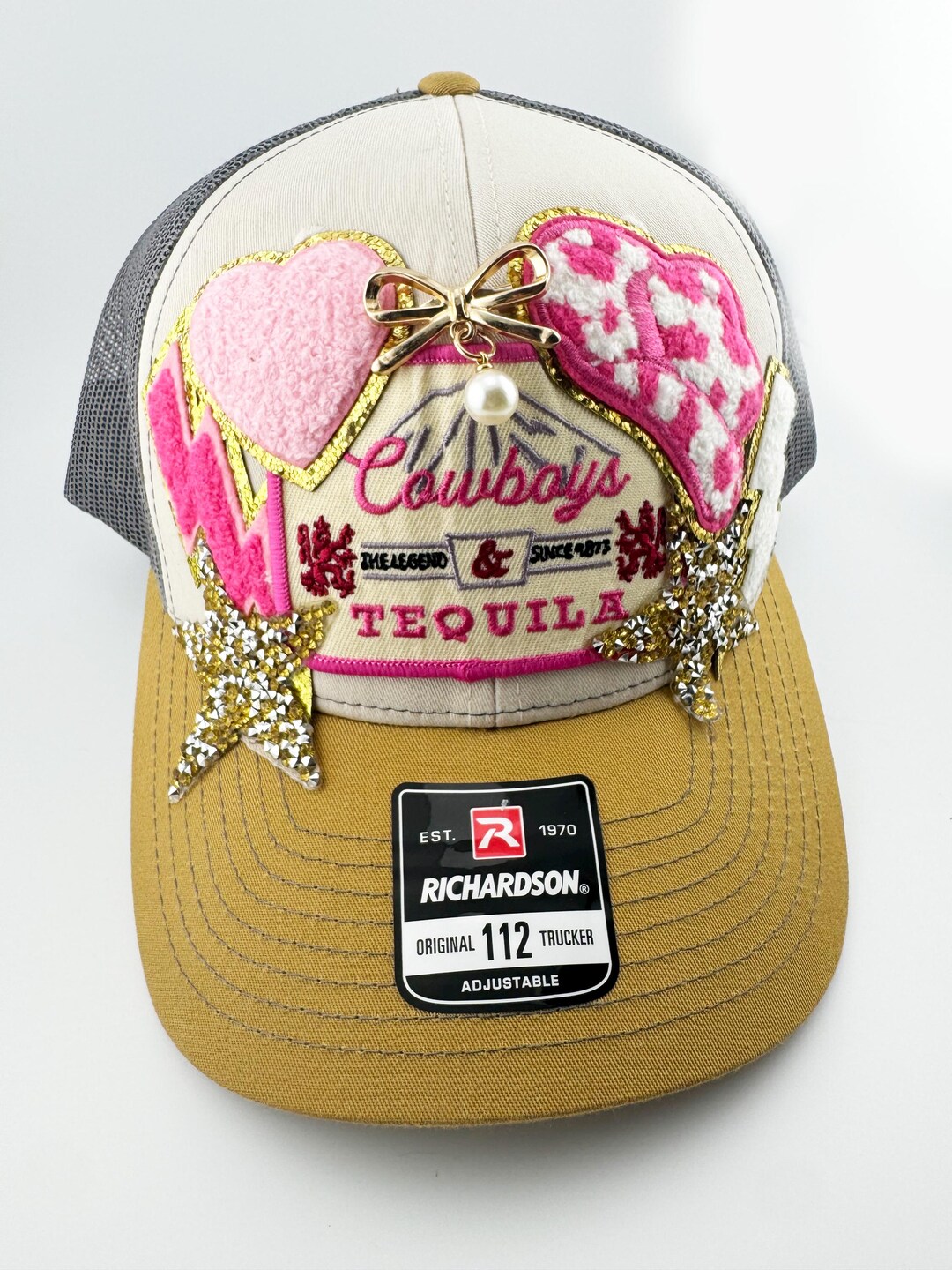 Cowboys and Tequila Patch Trucker Hat With FLAWS - Richardson 112, Pink, Chenille Patch, Bow W ...