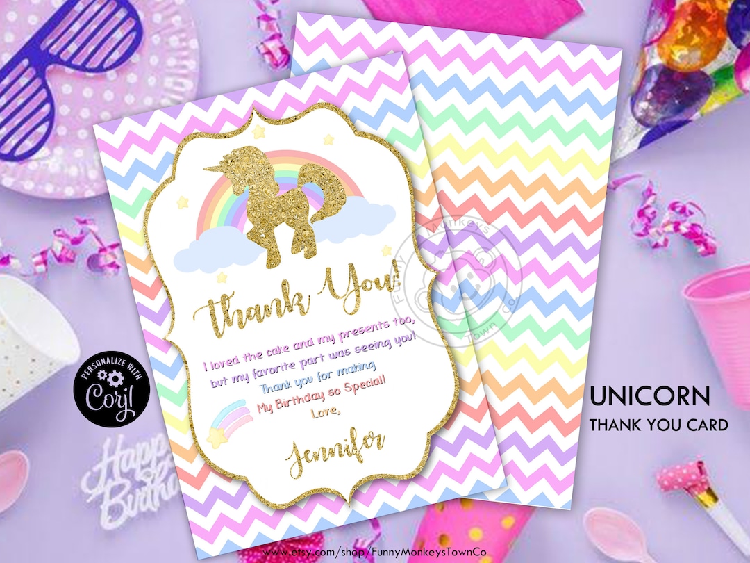 Editable UNICORN Rainbow Thank You Card, Rainbow, Note Card, Thank You ...