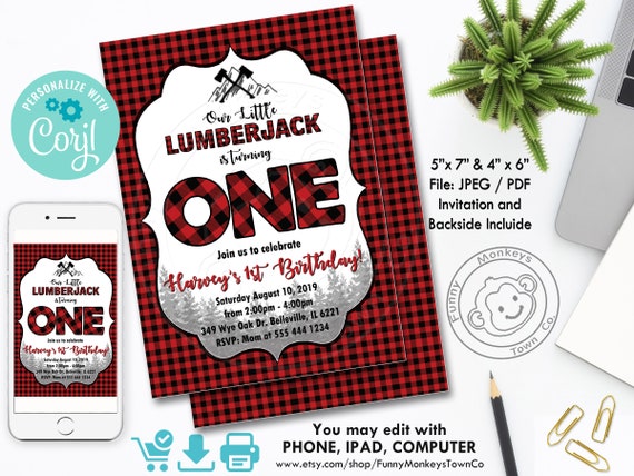 Editable LUMBERJACK Buffalo Plaid Invitation, Lumberjack 1stBirthday ...