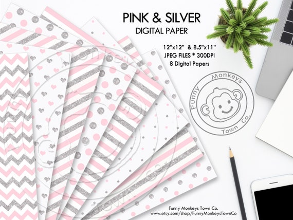 Pink and SILVER Glitter digital paper pack for scrapbooking, Making ...