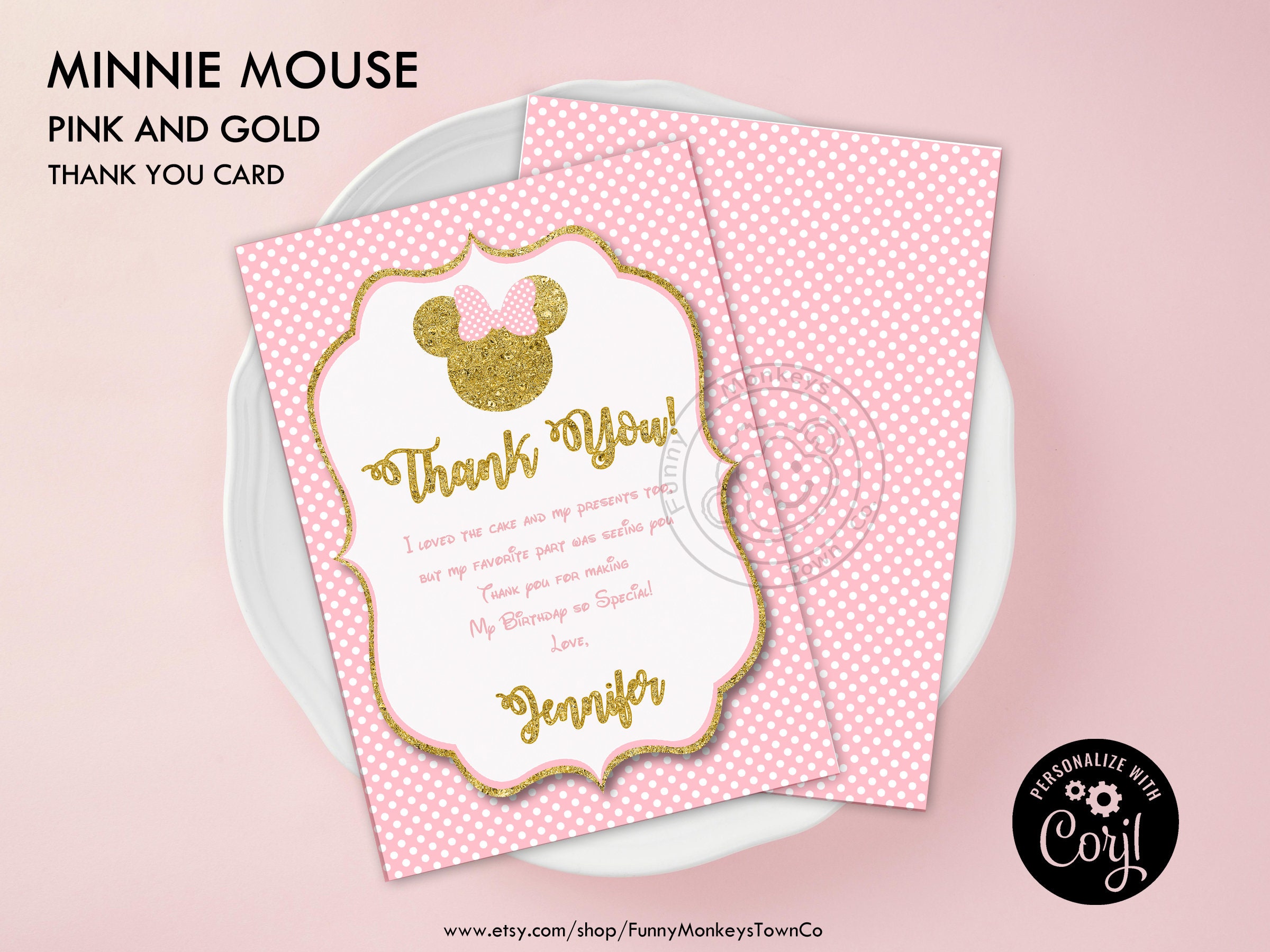 Editable MINNIE Mouse Pink and Gold Thank You Card, Pink and Gold, Pink ...