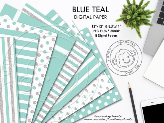 Blue TEAL White and Silver Glitter digital paper pack for scrapbooking ...