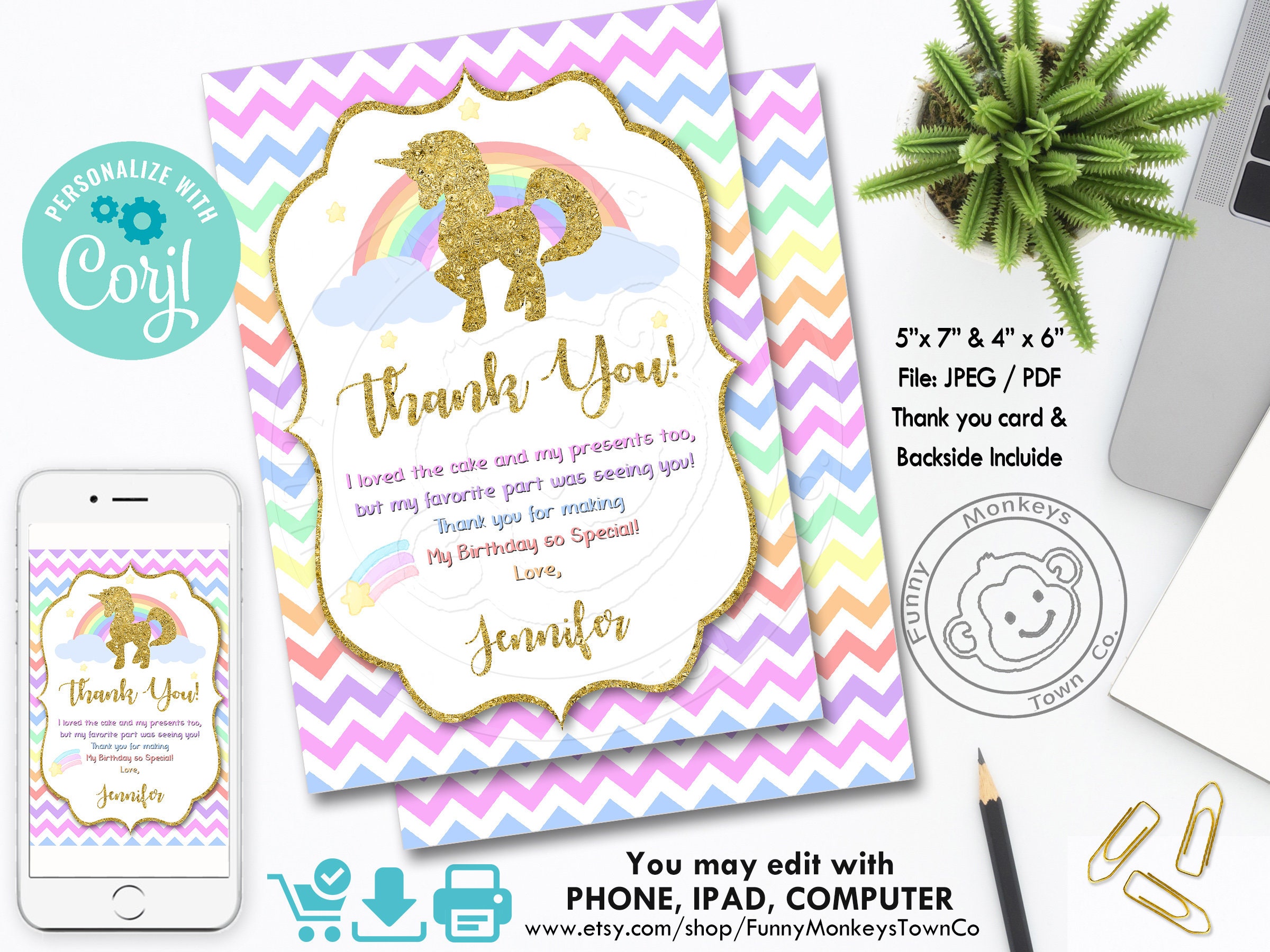Editable UNICORN Rainbow Thank You Card, Rainbow, Note Card, Thank You ...